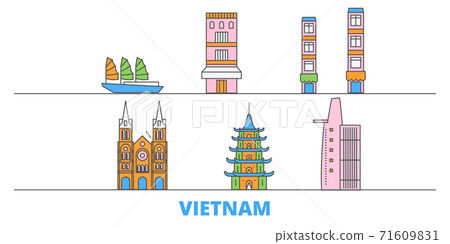 Vietnam line cityscape, flat vector. Travel... - Stock Illustration ...