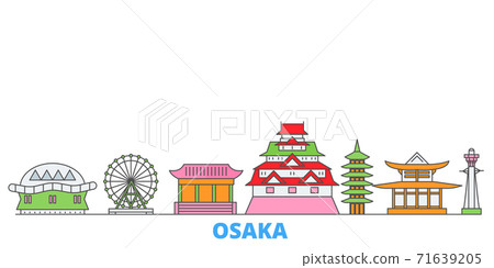 Japan, Osaka line cityscape, flat vector.... - Stock Illustration ...