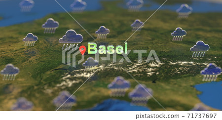 Basel city and rainy weather icon on the map,... - Stock Illustration ...