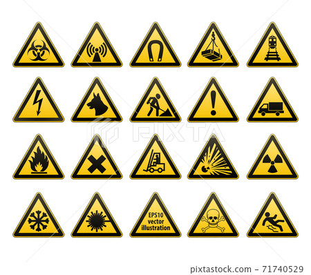 Warning signs set. Safety in workplace. Yellow... - Stock Illustration ...