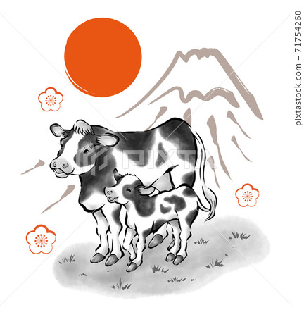 Cow parent and child and Mt. Fuji ink painting... - Stock Illustration ...