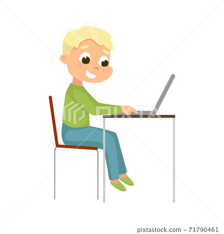 Cute Little Boy Using Laptop Computer at... - Stock Illustration ...