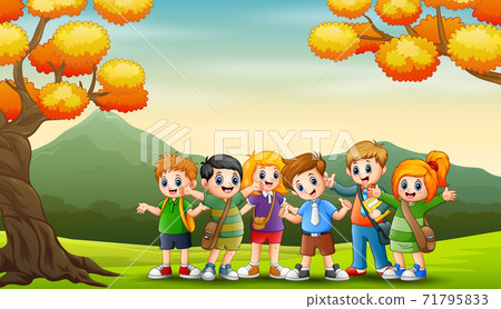 Group of students in the autumn background - Stock Illustration ...