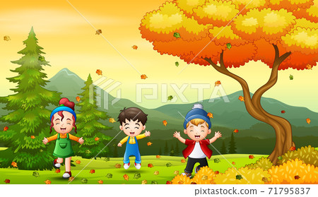 Kids playing outdoor during autumn or fall season - Stock Illustration ...