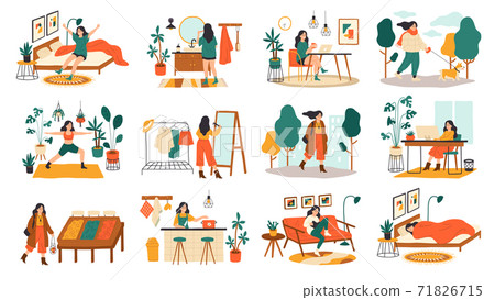 Everyday woman routine. Female daily activities... - Stock Illustration ...