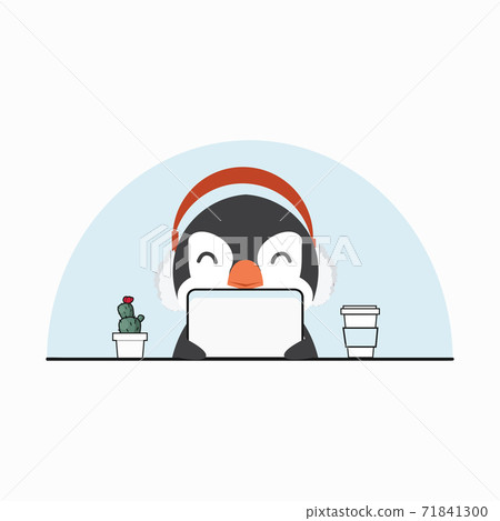penguin with computer, coffee cup, cactus - Stock Illustration ...