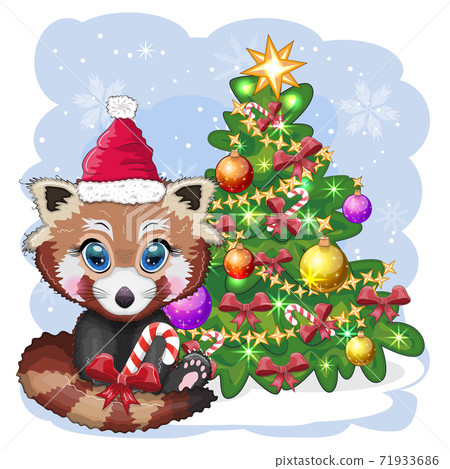 Red panda in santa hat with a ball near the... - Stock Illustration ...