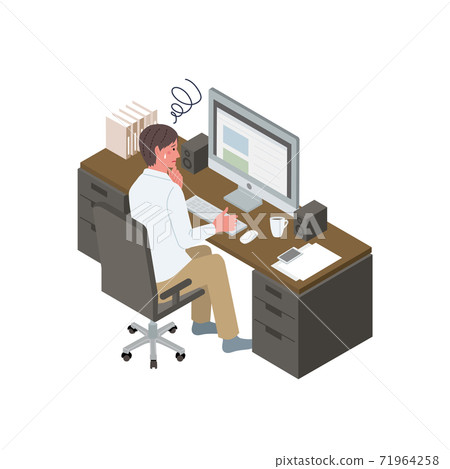 Illustration of a man using a remote work computer - Stock Illustration ...