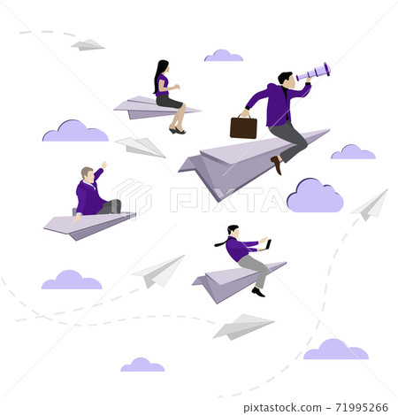 Business team flying on paper plane. Confident... - Stock Illustration ...