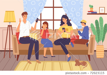 Family using gadgets. Parents and kids home,... - Stock Illustration ...