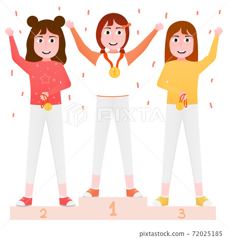 LIttle girls standing on winner podium and... - Stock Illustration ...