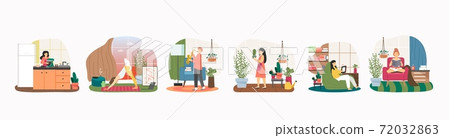 Stay home in quarantine scene set, flat vector... - Stock Illustration ...