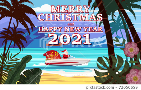Merry Christmas Santa Claus on speed boat on... - Stock Illustration ...