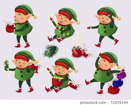 Christmas little Elf with gift presents. Set of... - Stock Illustration ...