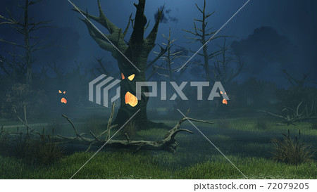 Spooky trees on swamp at dark misty night 3D - Stock Illustration ...