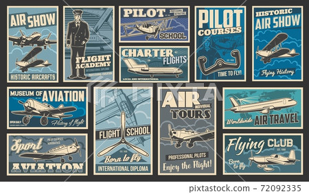 Plane fly, aircraft flight aviation retro posters - Stock Illustration ...