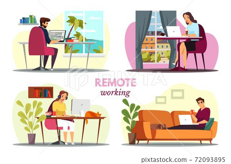 Remote workers working at home office scenes set - Stock Illustration ...