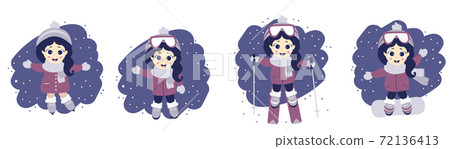 Set of girl and winter sport. Cute girl in... - Stock Illustration ...