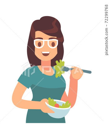 Woman eating healthy tasty meal. Girl eats... - Stock Illustration ...