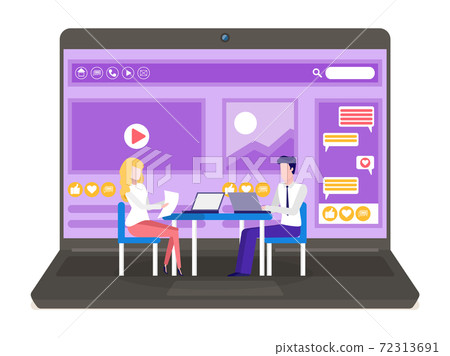 Colleagues talk to each other on the computer... - Stock Illustration ...