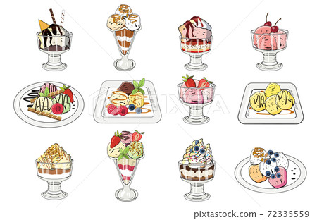 Set of ice cream in dessert bowls and saucers.... - Stock Illustration ...