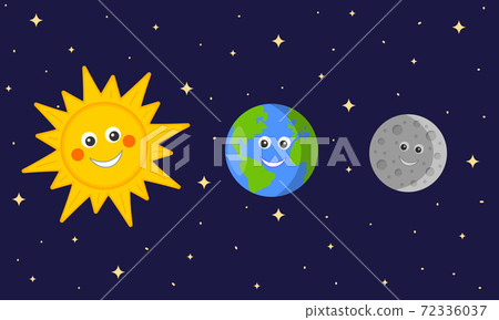 Cute Sun, Earth and Moon characters on dark... - Stock Illustration ...