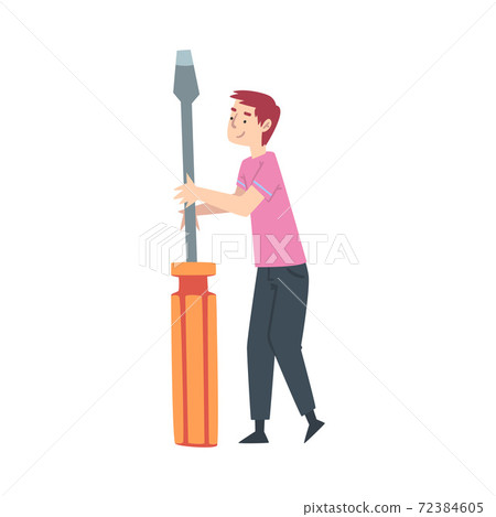 Tiny Man Holding Huge Screwdriver Cartoon Style... - Stock Illustration ...