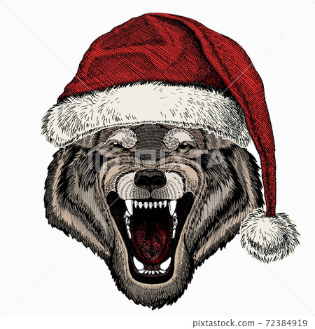 Vector portrait of wolf. Christmas red Santa... - Stock Illustration ...