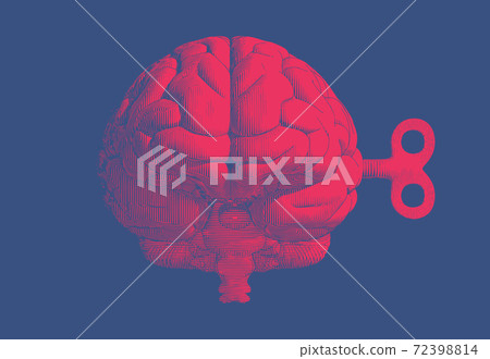 Red vintage drawing brain and wind up key on... - Stock Illustration ...