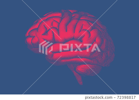 Red woodcut drawing brain isolated on blue BG - Stock Illustration ...