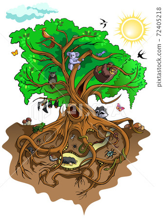Different creatures living with tree, vector... - Stock Illustration ...