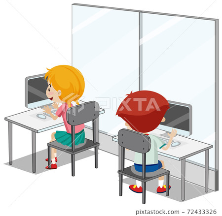 Students with computer classroom elements on... - Stock Illustration ...