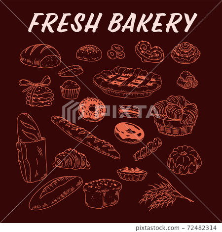 Collection of hand drawn baked goods outline... - Stock Illustration ...