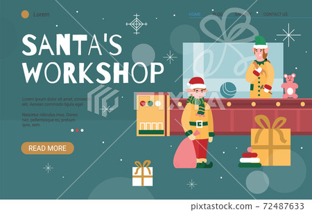 Santas workshop website with elves packing... - Stock Illustration ...