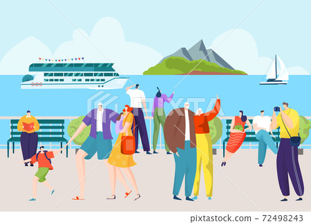 Cartoon character at seaside vacation, walking... - Stock Illustration ...