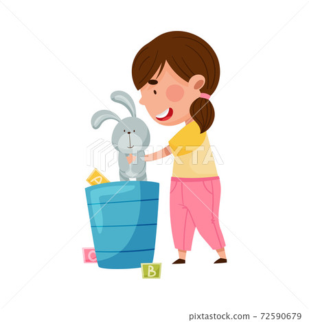Red Cheeked Girl Playing with Stuffed Hare Toy... - Stock Illustration ...