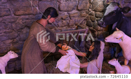 Jesus birth in Bethlehem. Luke 2:7 And she... - Stock Illustration ...