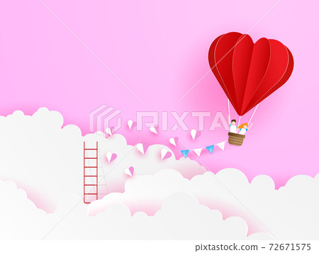 love couple flying with red heart shape balloon - Stock Illustration ...
