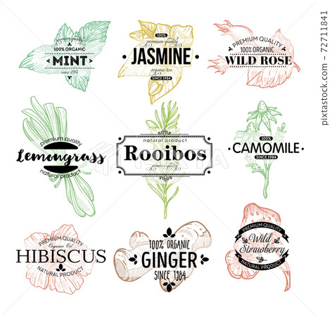 Herbal tea variety, labels with healthy herbs - Stock Illustration ...