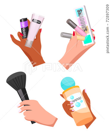 Female hands hold different cosmetics for face... - Stock Illustration ...