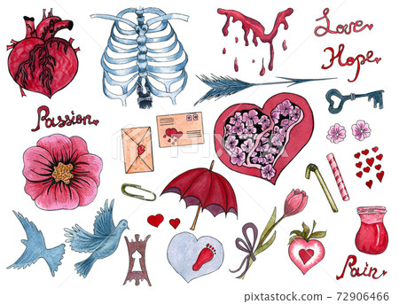 Big watercolor set of elements for Valentine's... - Stock Illustration ...