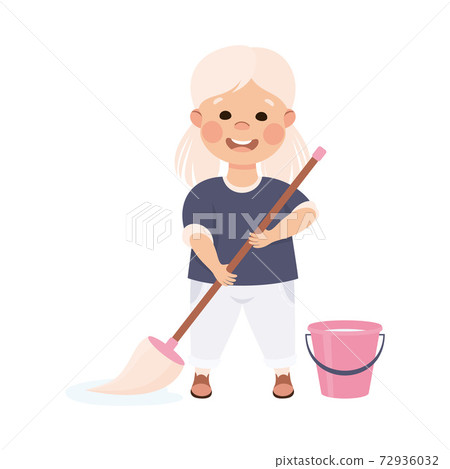 Cute Girl Mopping the Floor with Mop, Kid... - Stock Illustration ...