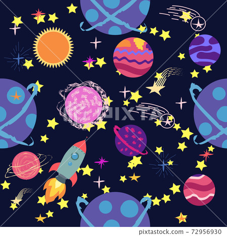 Seamless space pattern. Planets, rockets and... - Stock Illustration ...
