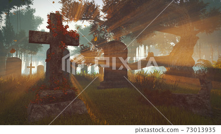 Old cross obelisk in spooky cemetery at sunset 3D - Stock Illustration ...