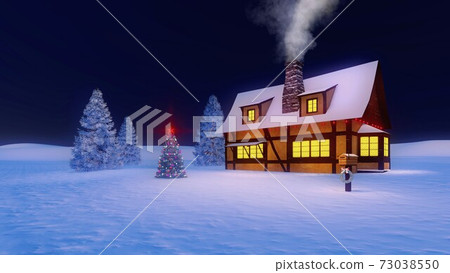 Rustic house and decorated christmas tree at night - Stock Illustration ...
