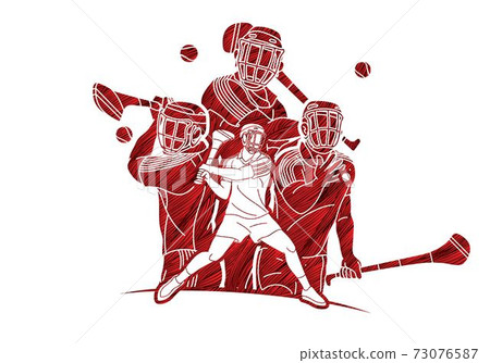 Group of Hurling sport players action. Irish... - Stock Illustration ...