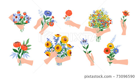Hands with flowers. Cartoon blooming bouquets.... - Stock Illustration ...