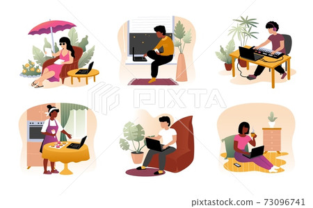 Work from home. Cartoon men and women sit with... - Stock Illustration ...