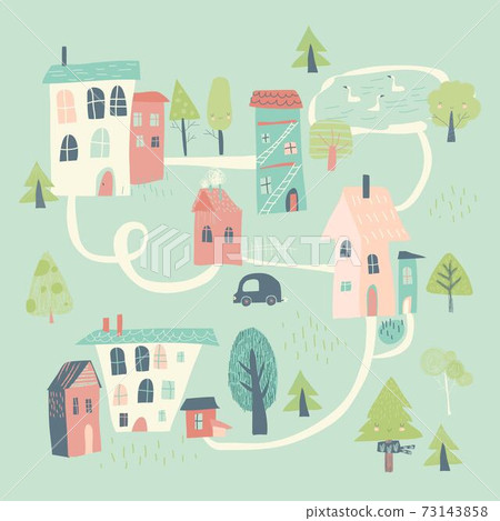 Cute little town in cartoon style. Hello spring - Stock Illustration ...
