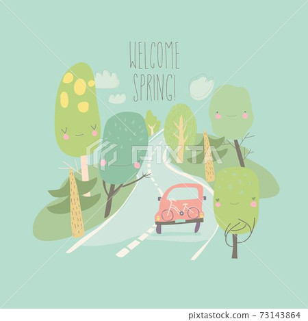 Car is driving on the road through spring forest - Stock Illustration ...